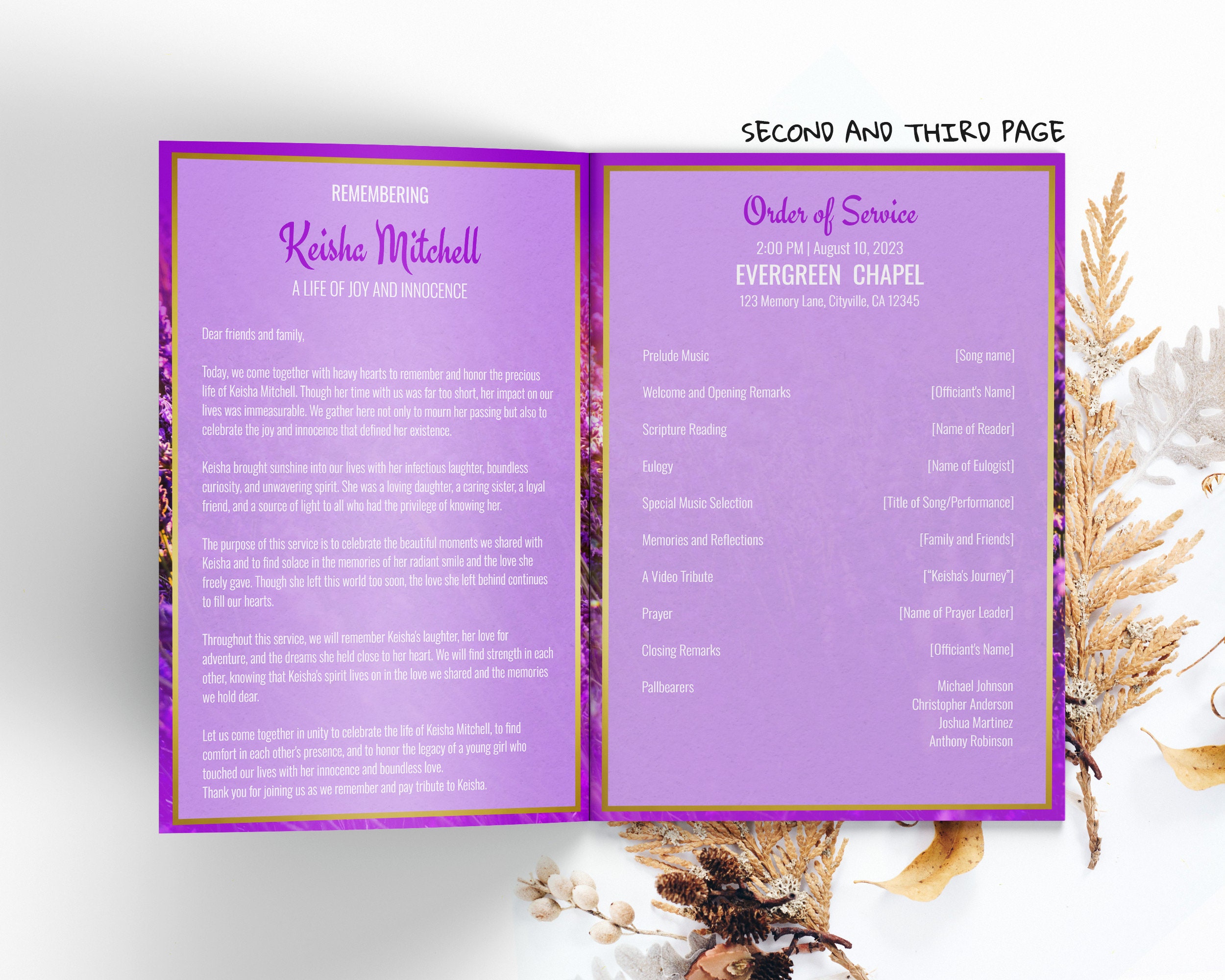 Purple Lavender Funeral Template - Elegant Obituary Program Digital ...