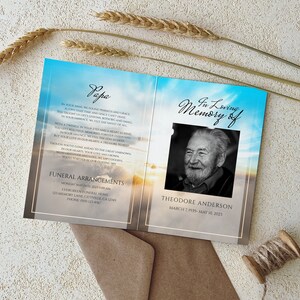 Printable Minimalist Sunset Obituary Template Editable Sky Blue Funeral ...