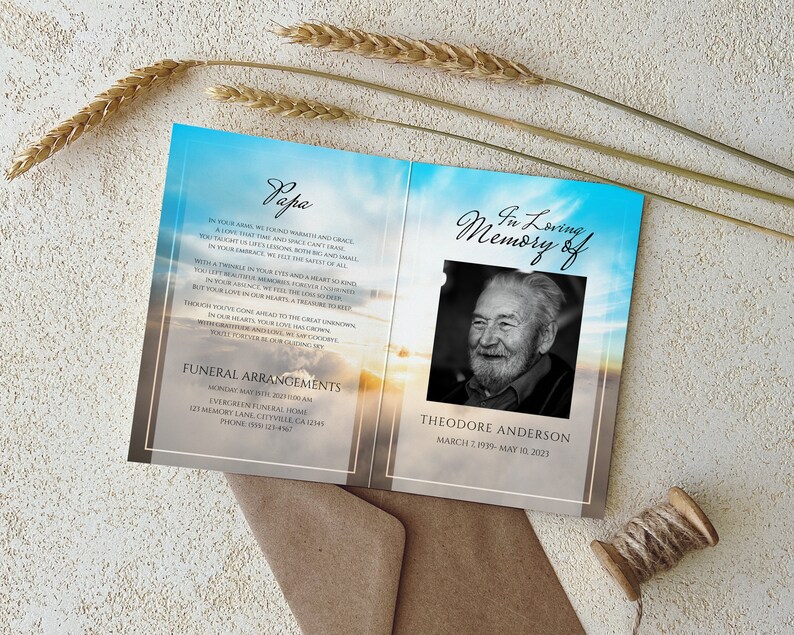 Printable Minimalist Sunset Obituary Template Editable Sky Blue Funeral ...