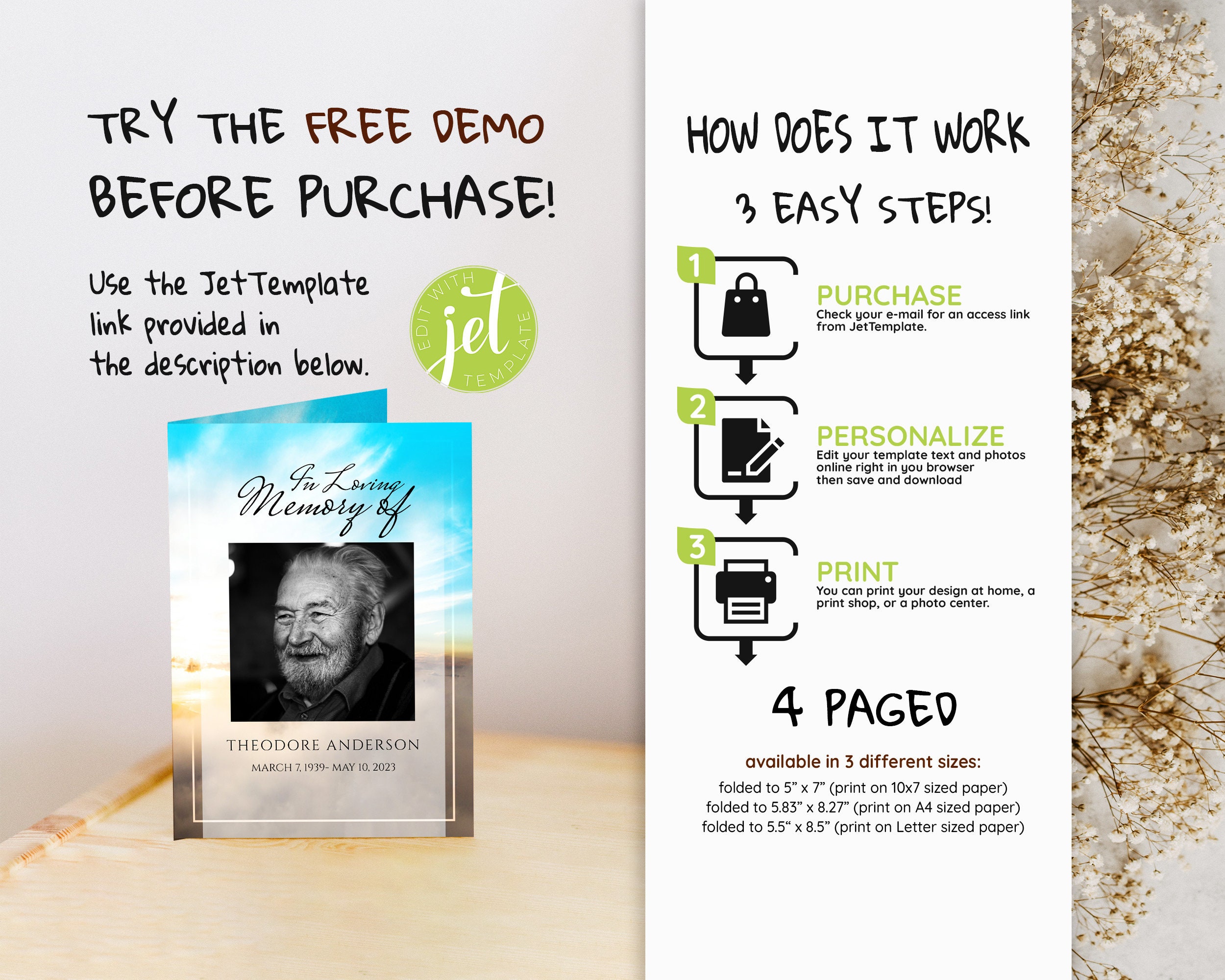 Printable Minimalist Sunset Obituary Template Editable Sky Blue Funeral ...