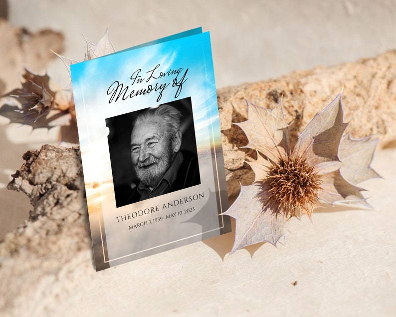 Printable Minimalist Sunset Obituary Template Editable Sky Blue Funeral ...