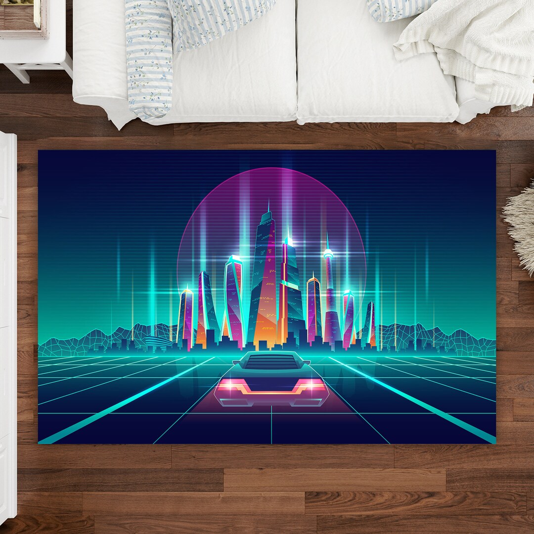 Car Rug, Car Pattern Rug, Neon Car Rug, Neon Lights Car,purple Car Rug ...