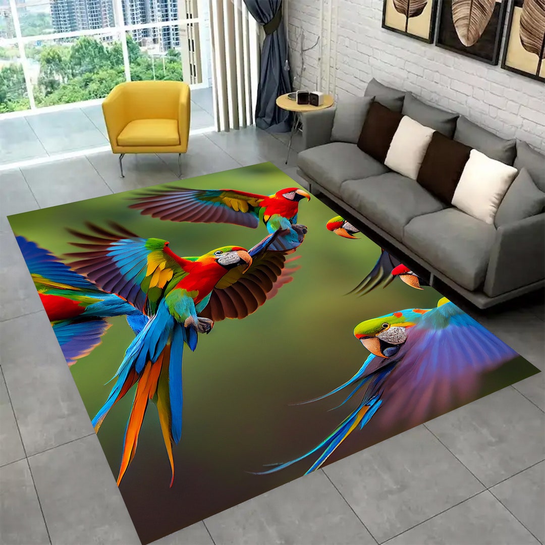 Parrot Birds Rug for Living Room, Tropical Carpet, Green Wings Birds ...