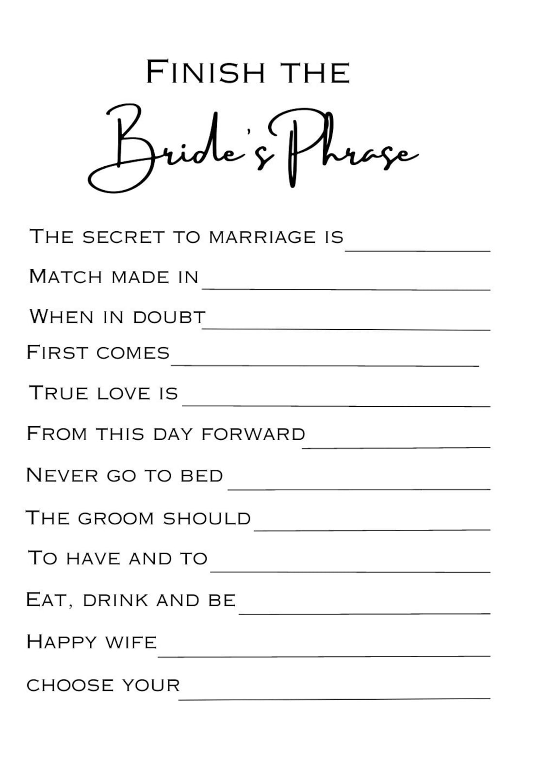 Interactive Bridal Shower Game Cards- Digital Download - Etsy