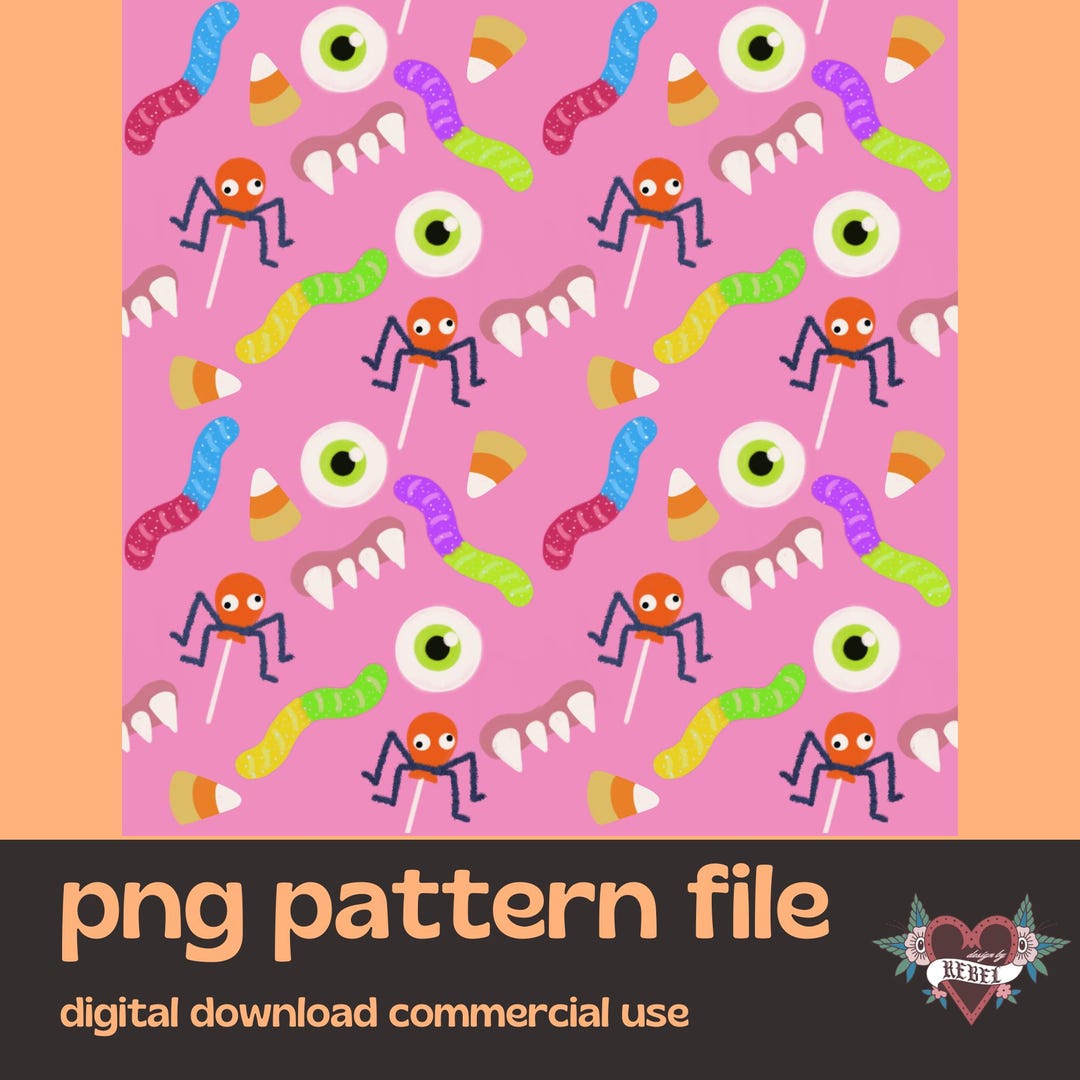 Halloween Candy Pattern: Gummy Worms, 90s Style (PNG Digital Download ...