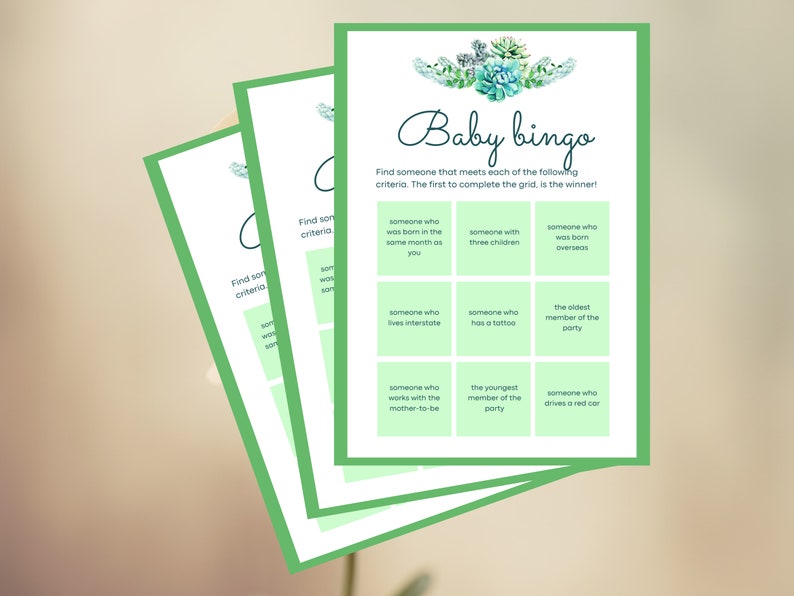 Green Baby Shower Game Bingo Board Game Ice Breaker Document Editable ...