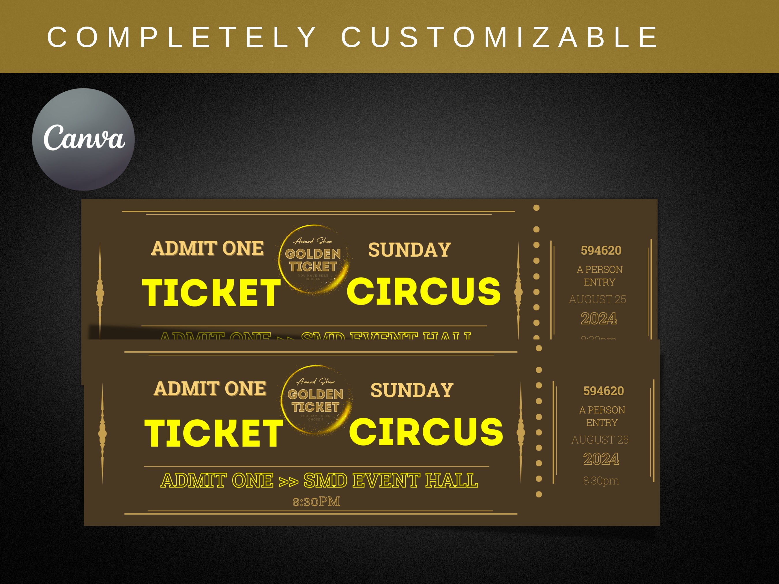 Golden Circus Printable Event Ticket| Editable Custom Golden Ticket ...