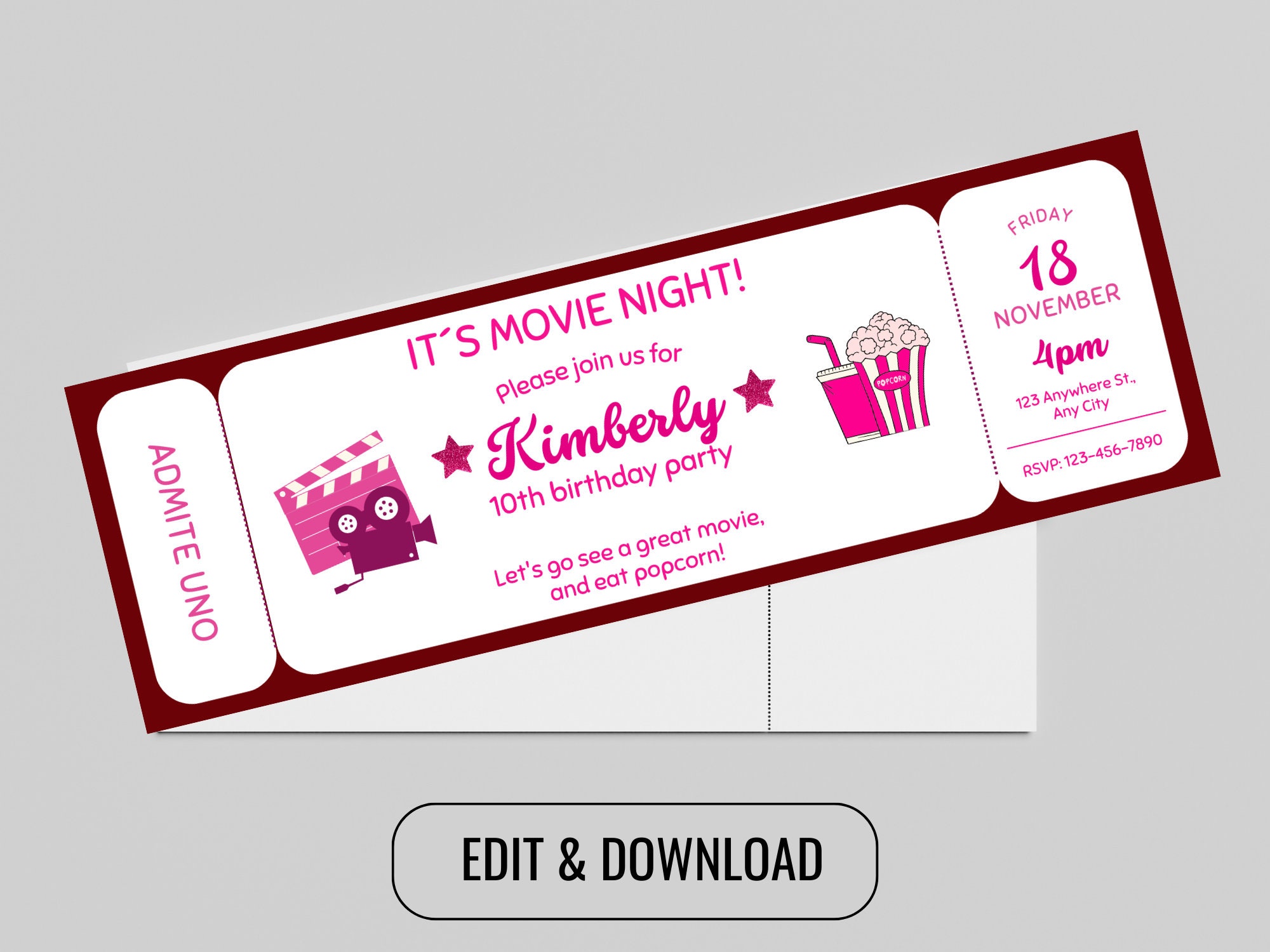 Movie Night Instant Download Printable Ticket | Home Cinema | Date ...
