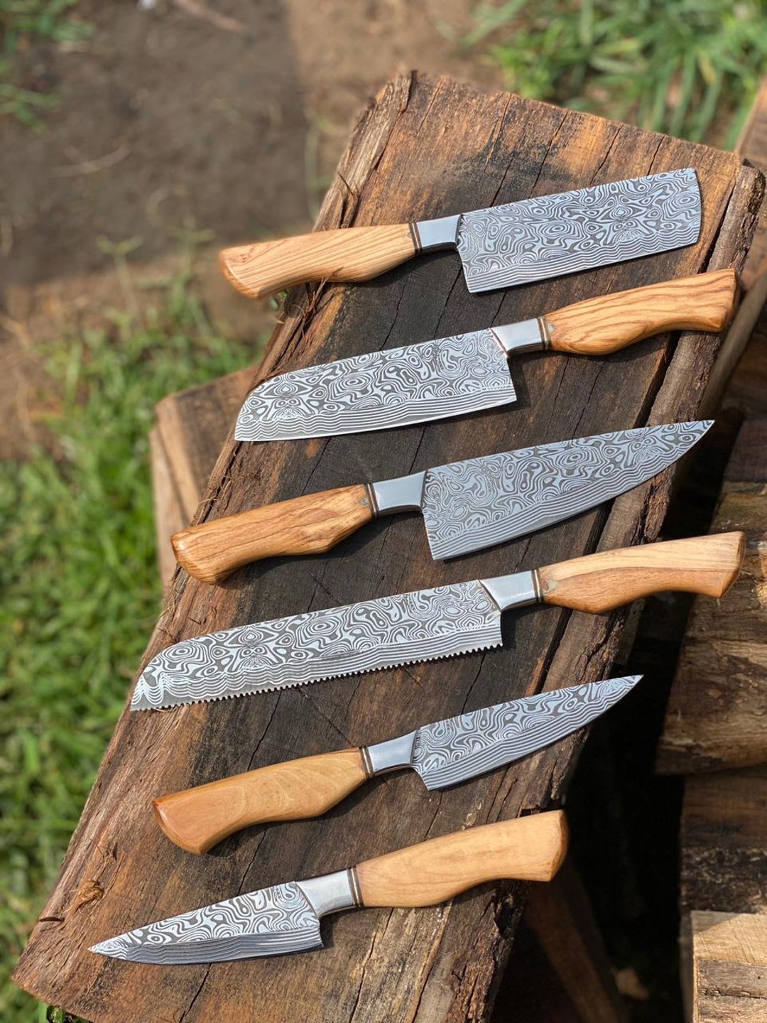 Handmade Damascus Steel Kitchen Knife Set, Knife Set of Six Knives With ...