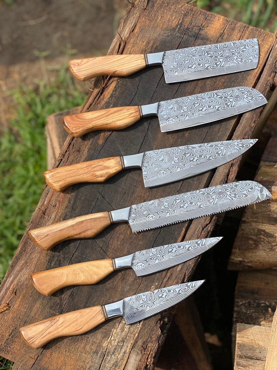 Handmade Damascus Steel Kitchen Knife Set, Knife Set of Six Knives With ...