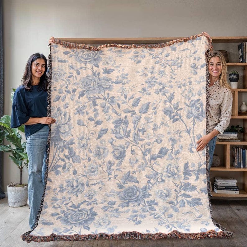 100% Cotton French Toile-inspired Woven Fringe Blanket, Vintage Style ...
