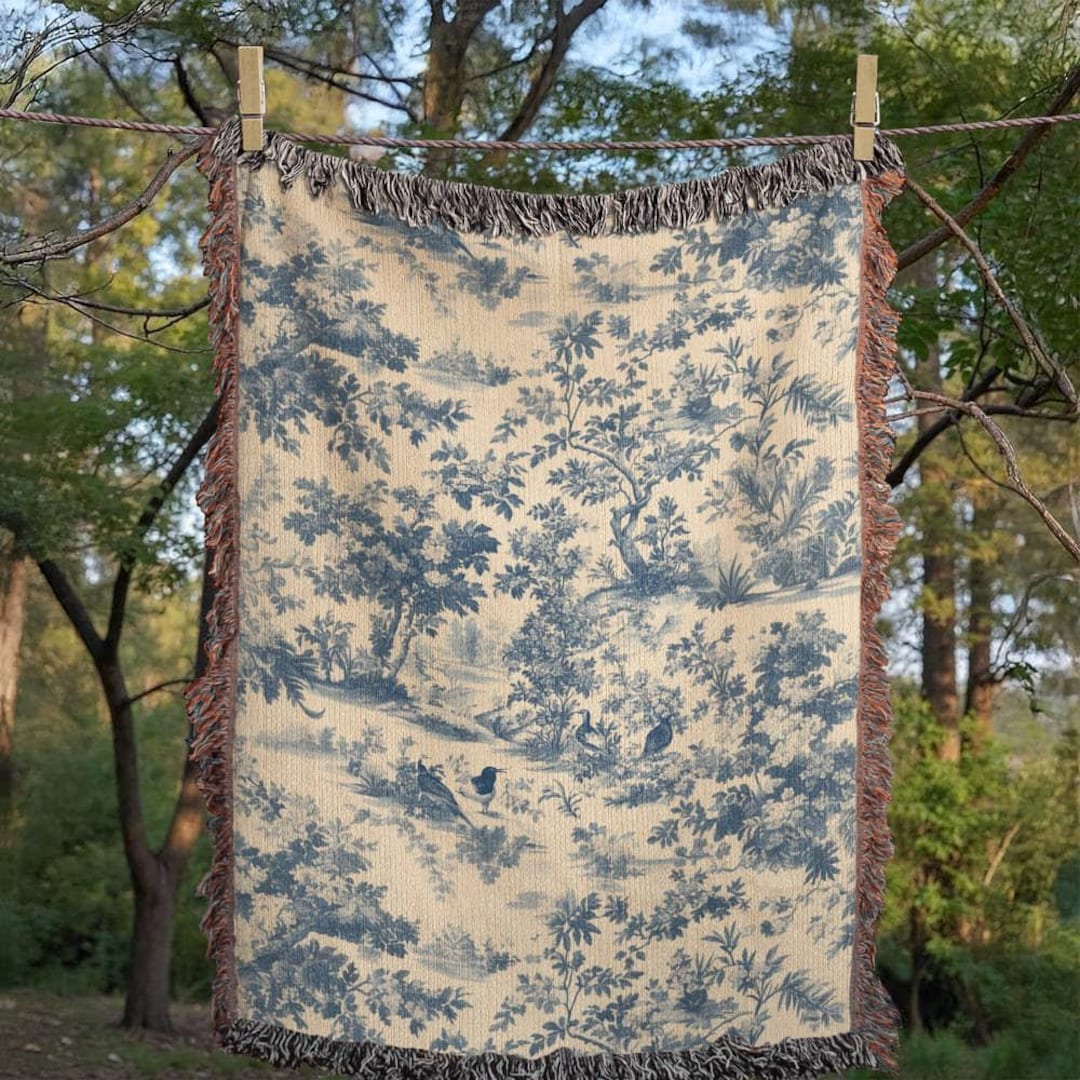 100% Cotton French Toile-inspired Woven Fringe Blanket, Vintage Style ...