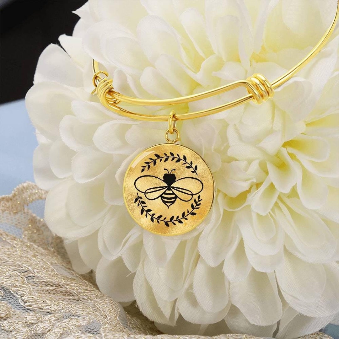 Custom Engraved Gold Bee Circle Bangle, Gold Sunflower Charm Bracelet ...