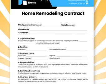 Editable Remodeling Contract Template, Single Page Home Renovation Contract Form, Printable ...