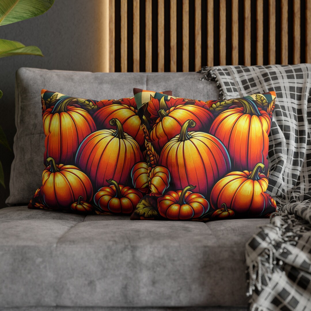 Fall Pillow Case Checkered Farmhouse Pumpkin Cushion Cover Boho Forest ...