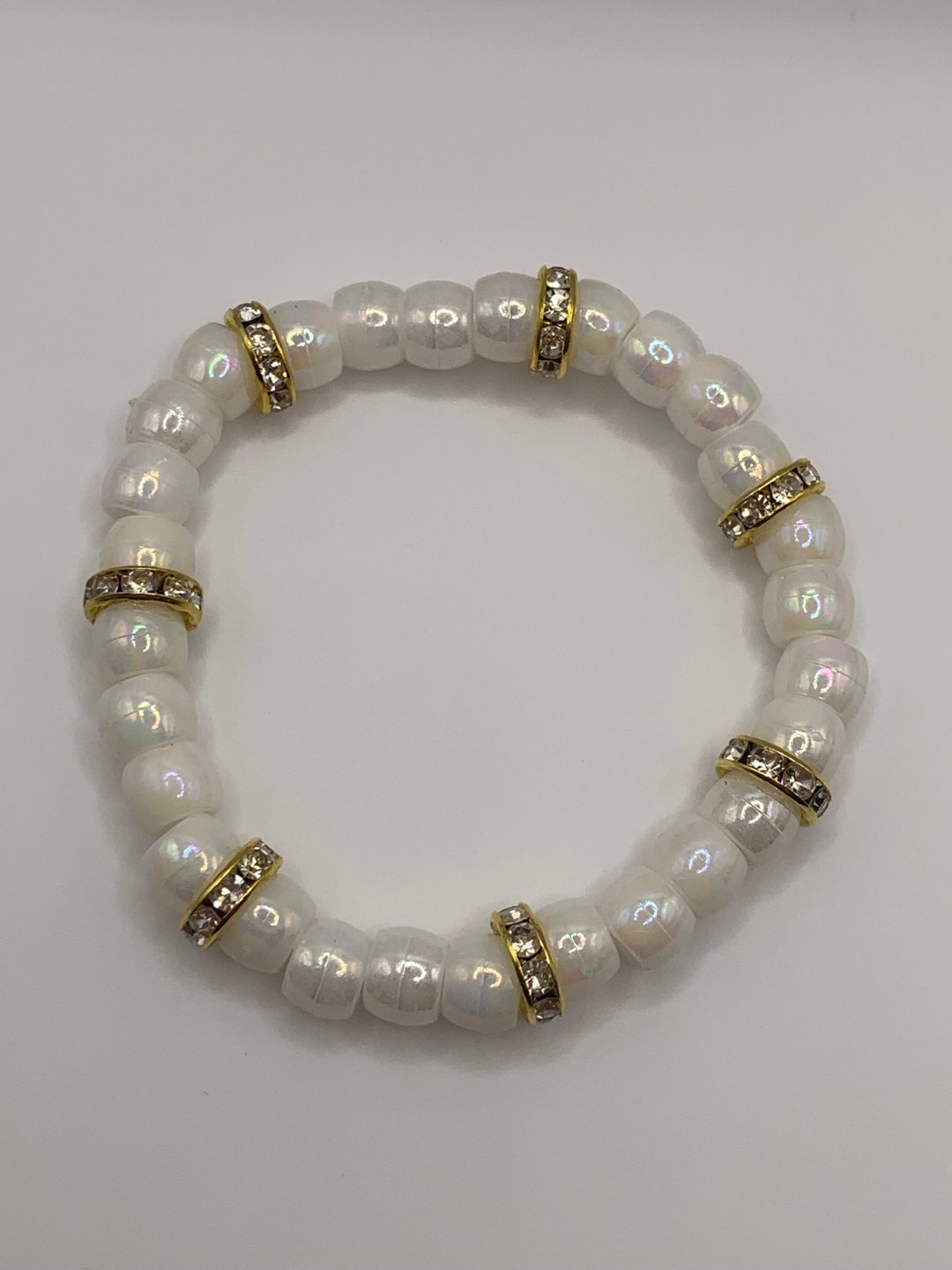 White Bead Bracelet, Pony Bead Bracelet, Rhinestone Bead Bracelet ...