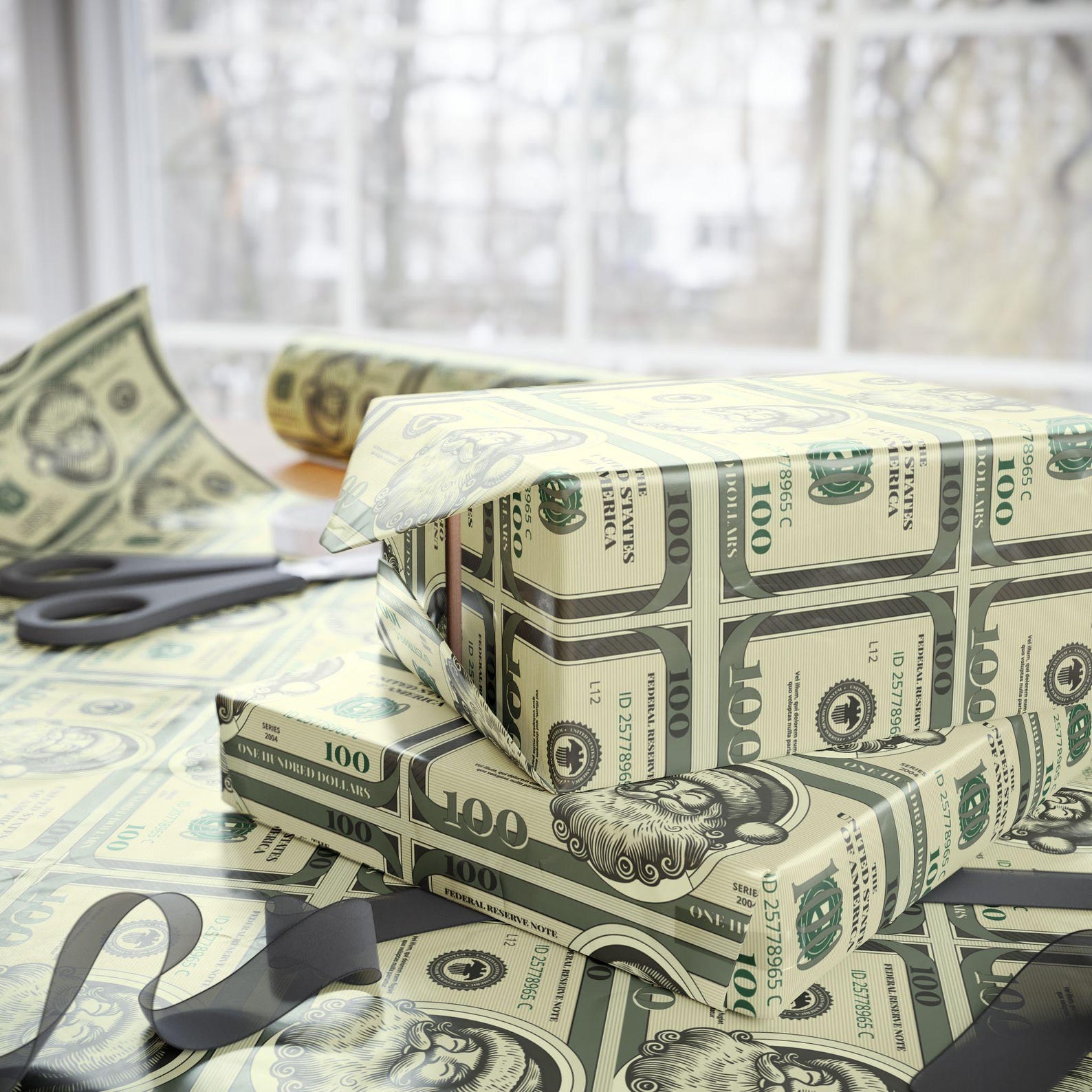 Money Christmas Wrapping Paper, Santa Hundred Dollar Bill Wrap, Festive ...