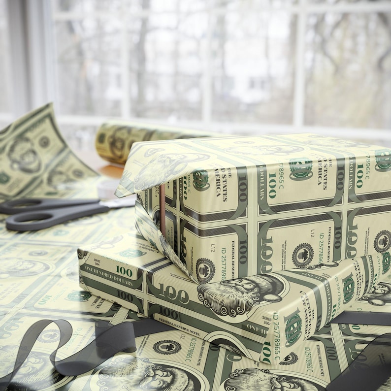 Money Christmas Wrapping Paper, Santa Hundred Dollar Bill Wrap, Festive ...