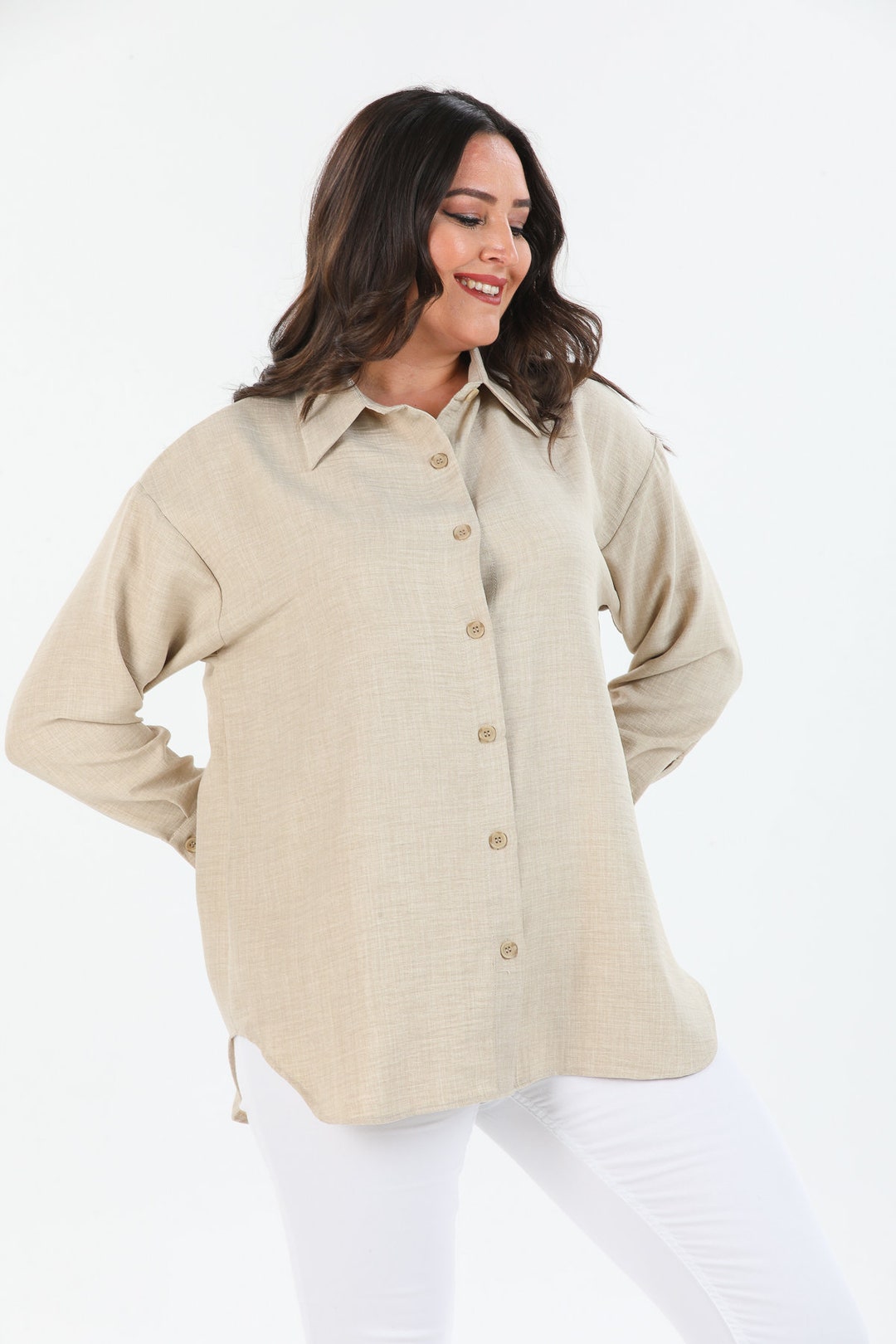 Women's Relaxed Fit Plus Size Linen Beige Shirt, Long Sleeve Plus Size ...