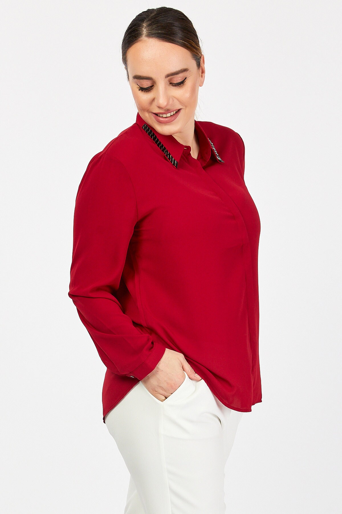 Women's Long Back, Short Front Plus Size, Collar Beaded Red Shirt, Long ...