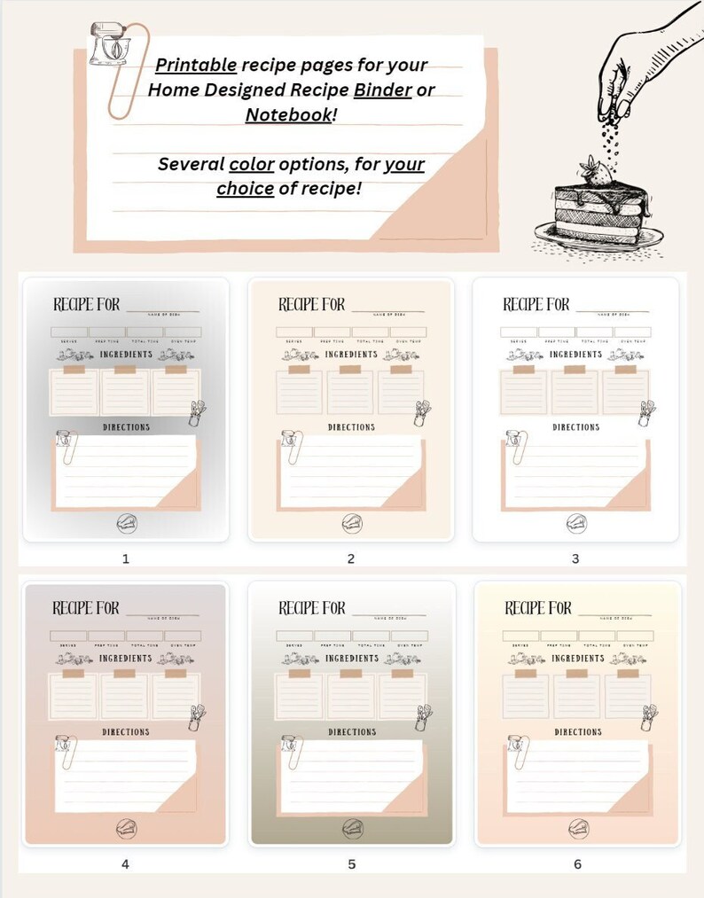6 Printable Recipe Sheets (style: Scrap-book) - Etsy