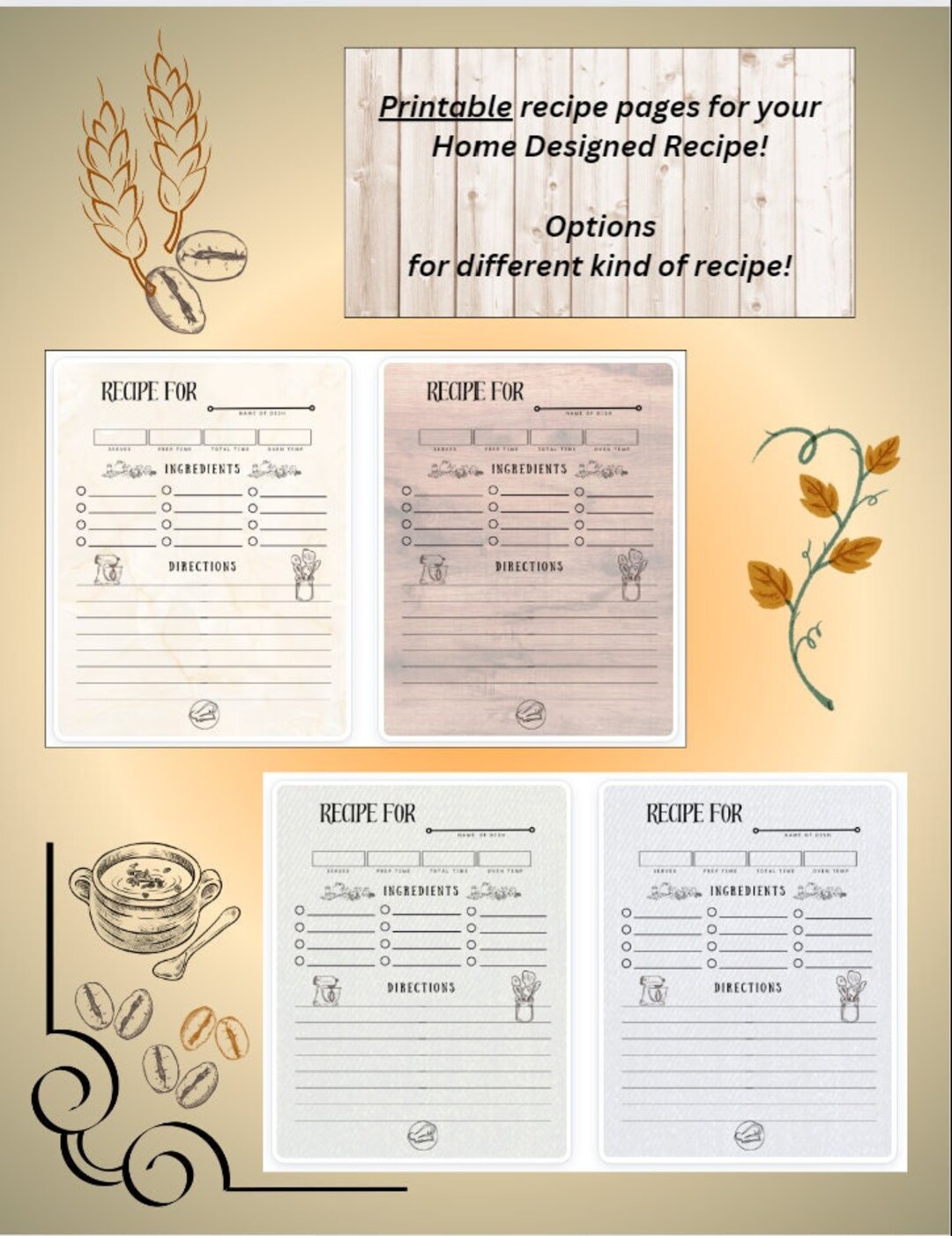 Printable Recipe Sheets - Etsy