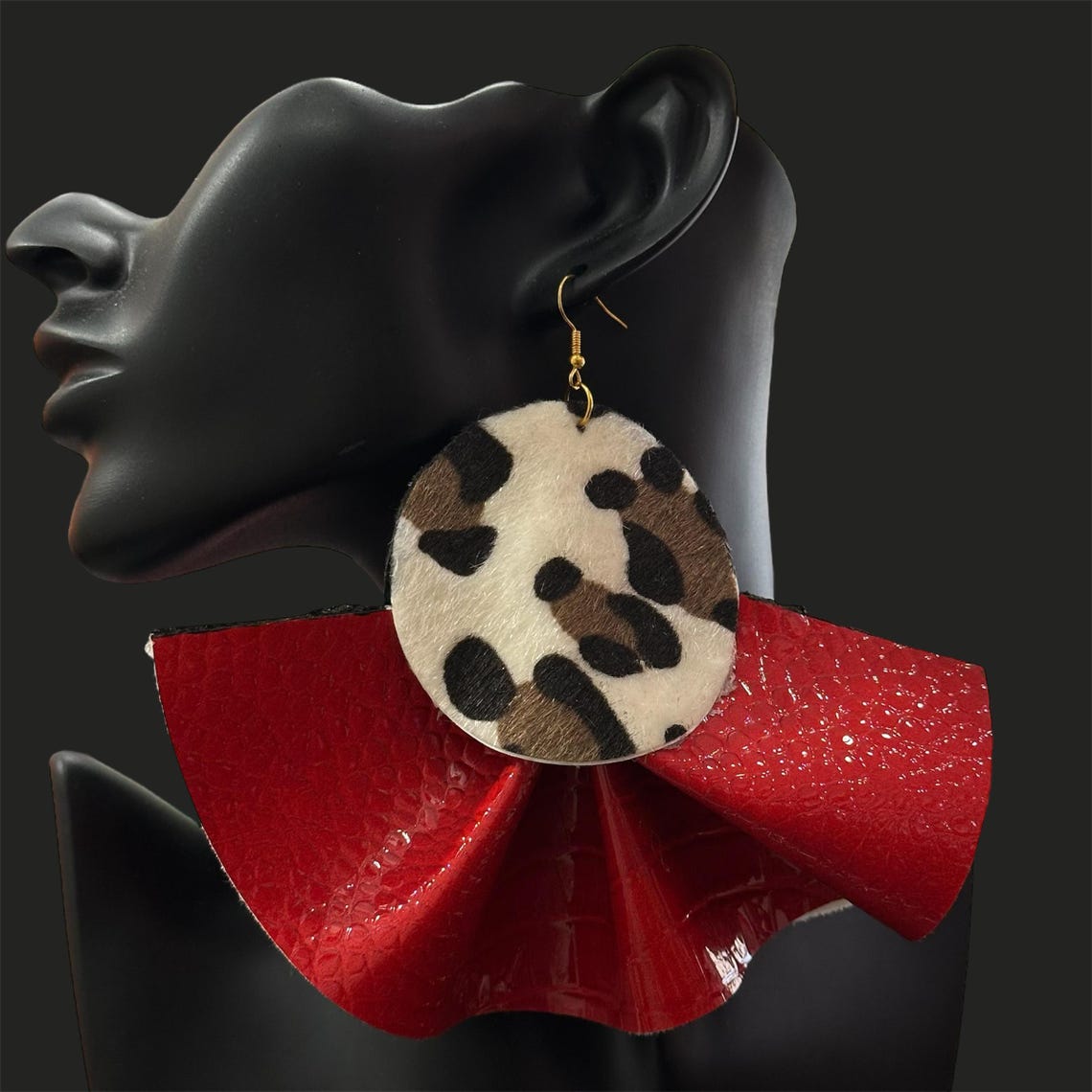 Red Croc & Leopard Oversized Ruffle Fan Leather Earrings - Etsy
