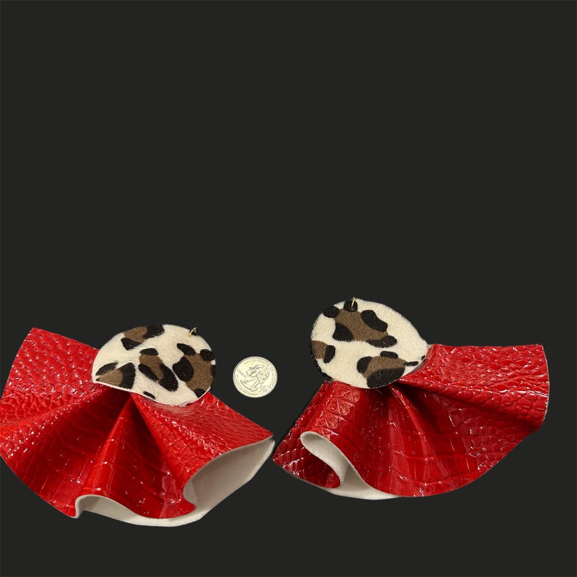 Red Croc & Leopard Oversized Ruffle Fan Leather Earrings - Etsy
