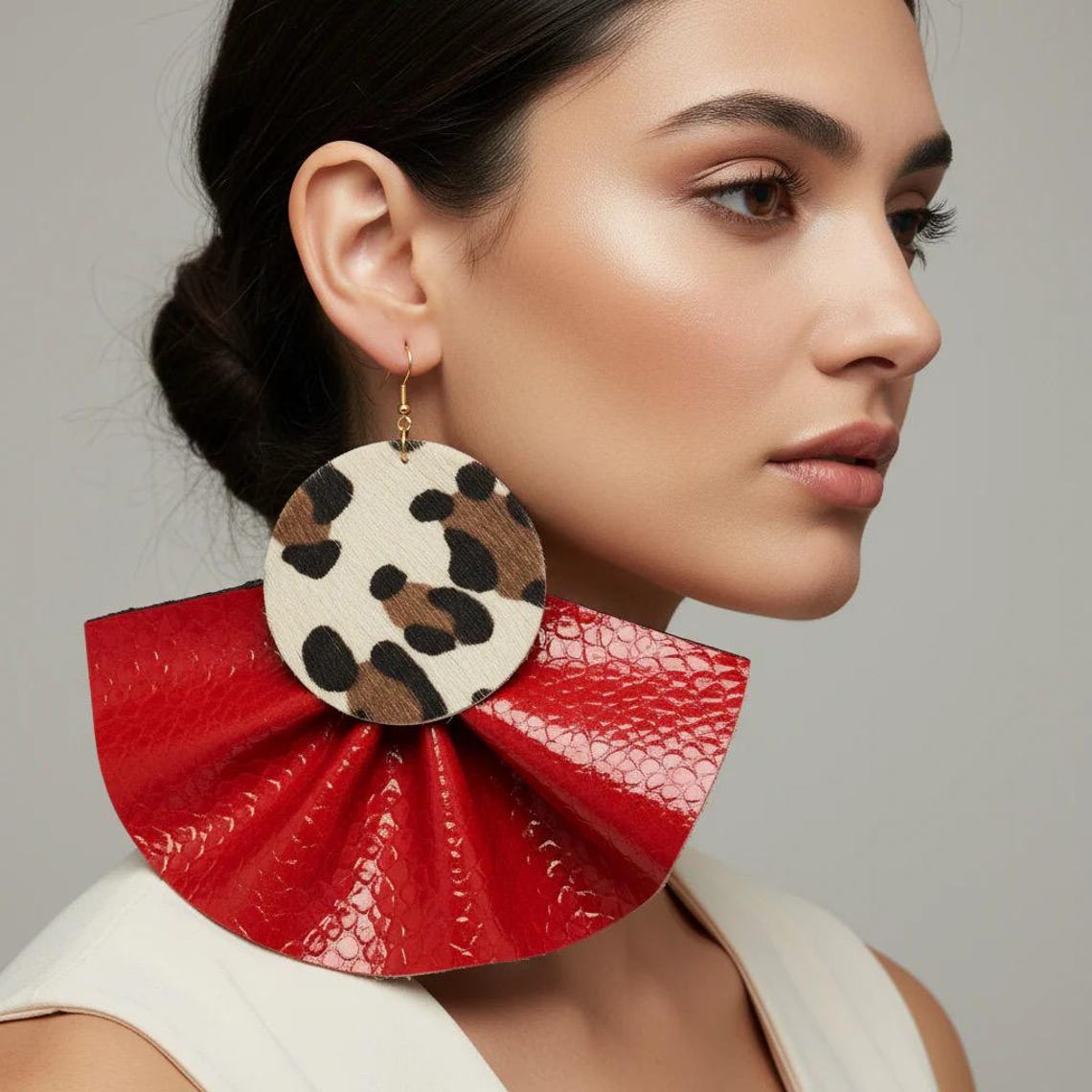 Red Croc & Leopard Oversized Ruffle Fan Leather Earrings - Etsy