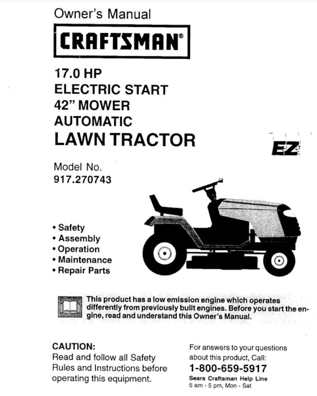 Craftsman 17.0 HP Electric Start 42" Mower Automatic Lawn Tractor Model ...
