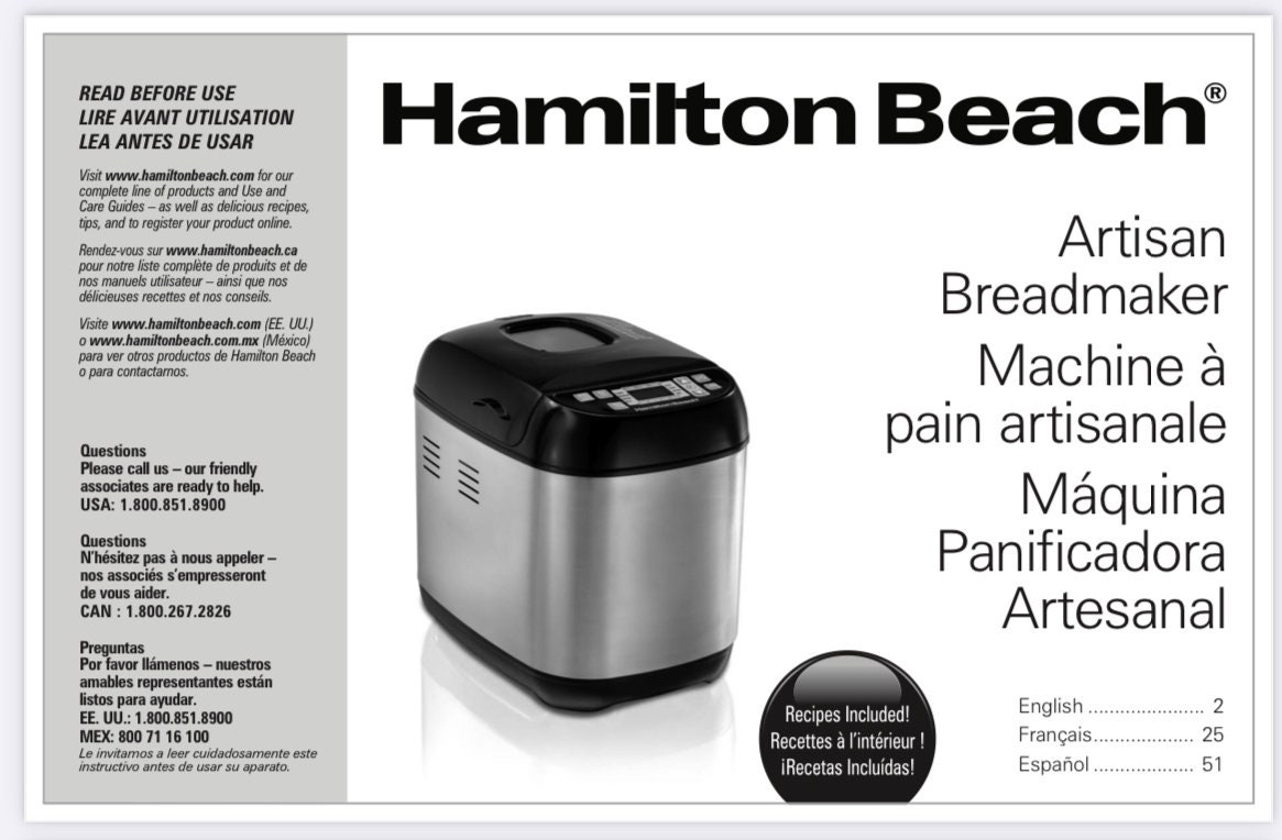 Hamilton Beach Artesian Bread Maker Machine Owner & Recipe Manual 80 ...