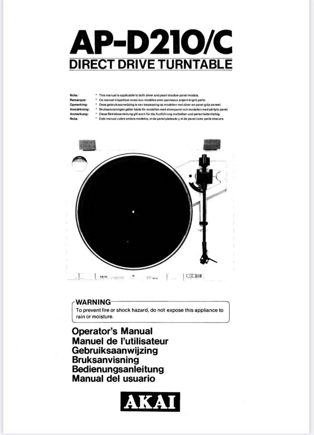 AKAI AP-D210 AP-D210C Direct Drive Turntable Operators Manual Digital ...