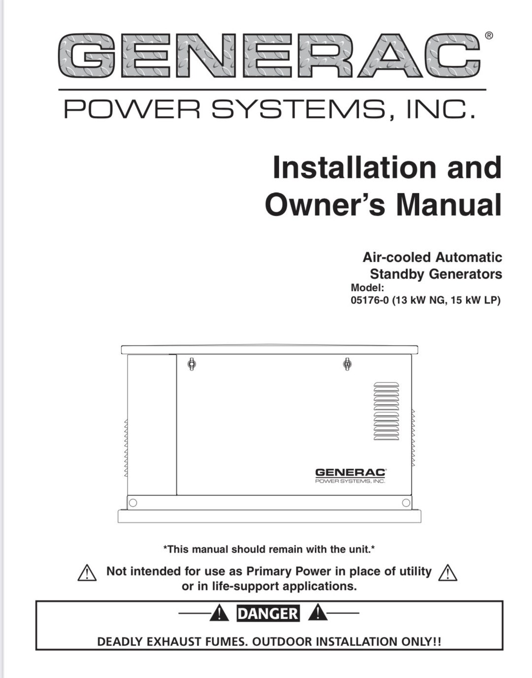 Generac Model 05176-0 Air Cooled Automatic Standby Generator ...