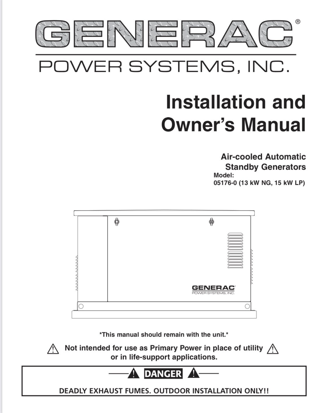 Generac Model 05176-0 Air Cooled Automatic Standby Generator ...