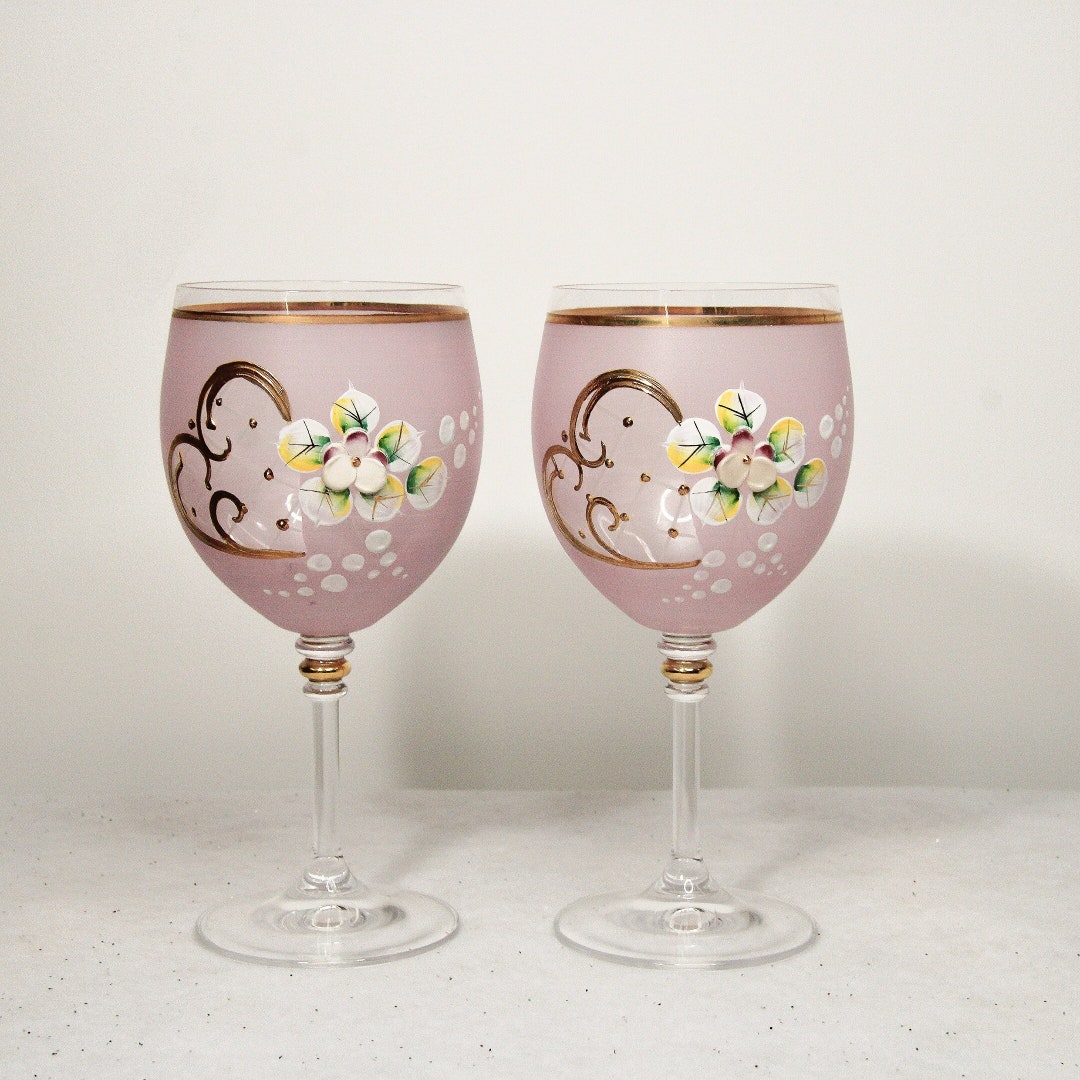 7' Vintage Bohemian Crystal, Set of 2 Goblets, Pink Glass, Gift Idea ...