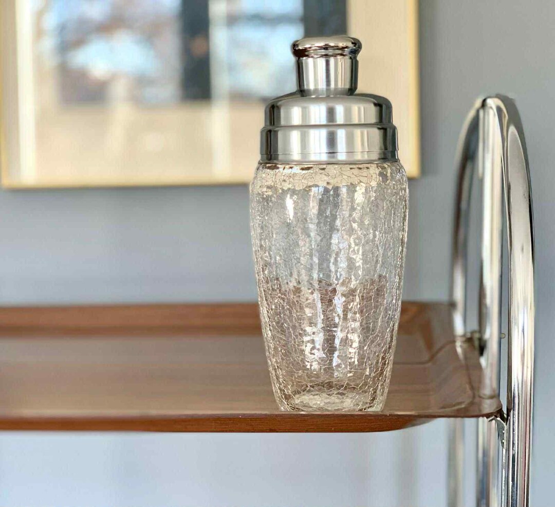 Vintage Large Cocktail Shaker, Crackle Glass and Stainless Steel ...