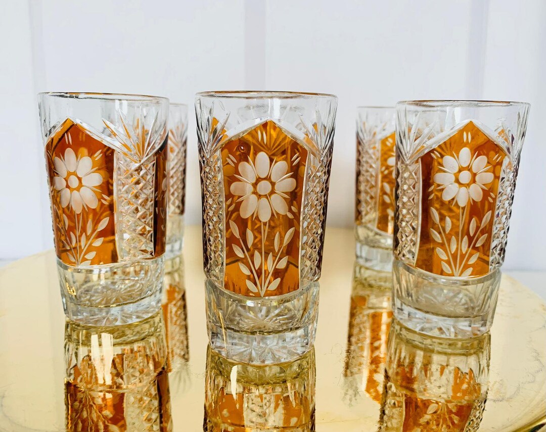 Vintage Bohemian Set of 6 Amber Cut in Clear Floral Panels Glasses ...
