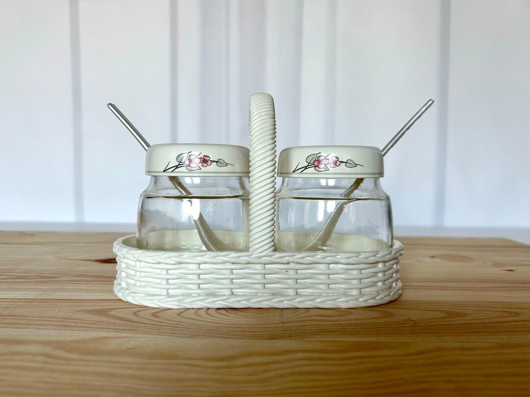 Emsa West Germany Glass Condiment Jars and Weave Basket, Jam, Honey ...