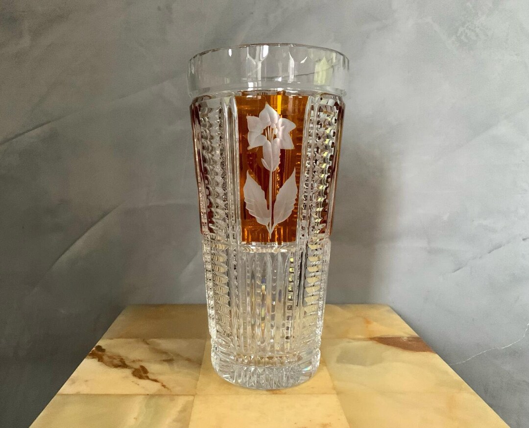 Mid Century, Amber Overlay Vase, Art Deco Style, Czech Bohemia, Cut to ...