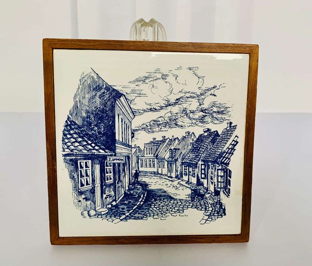 Vintage Delft Blue Tile in Wooden Frame, Old Dutch Street Scene, Dutch ...