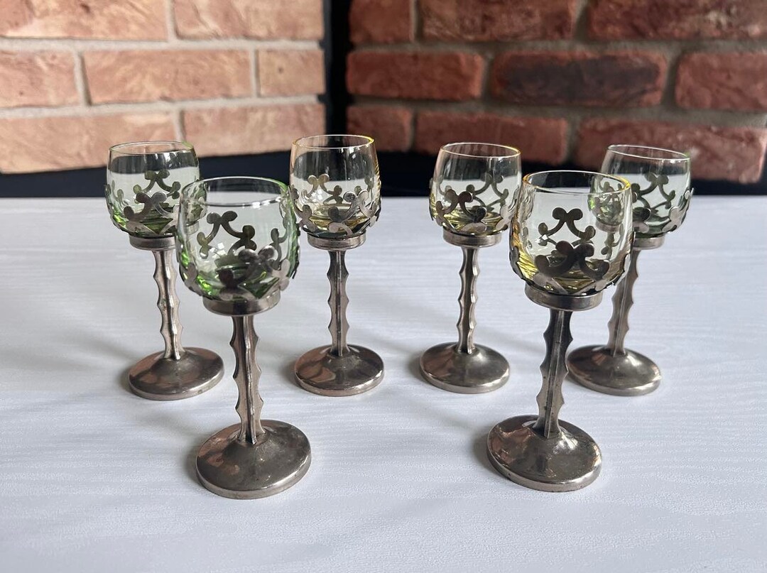 Glass Goblets With Metal Ornate Stem,set of 6 Vintage Small Liqueur ...