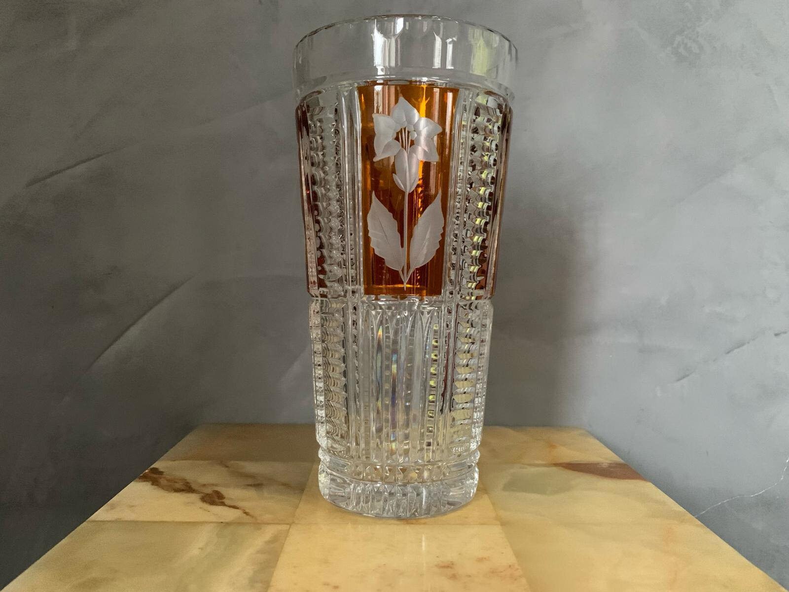 Mid Century, Amber Overlay Vase, Art Deco Style, Czech Bohemia, Cut to ...
