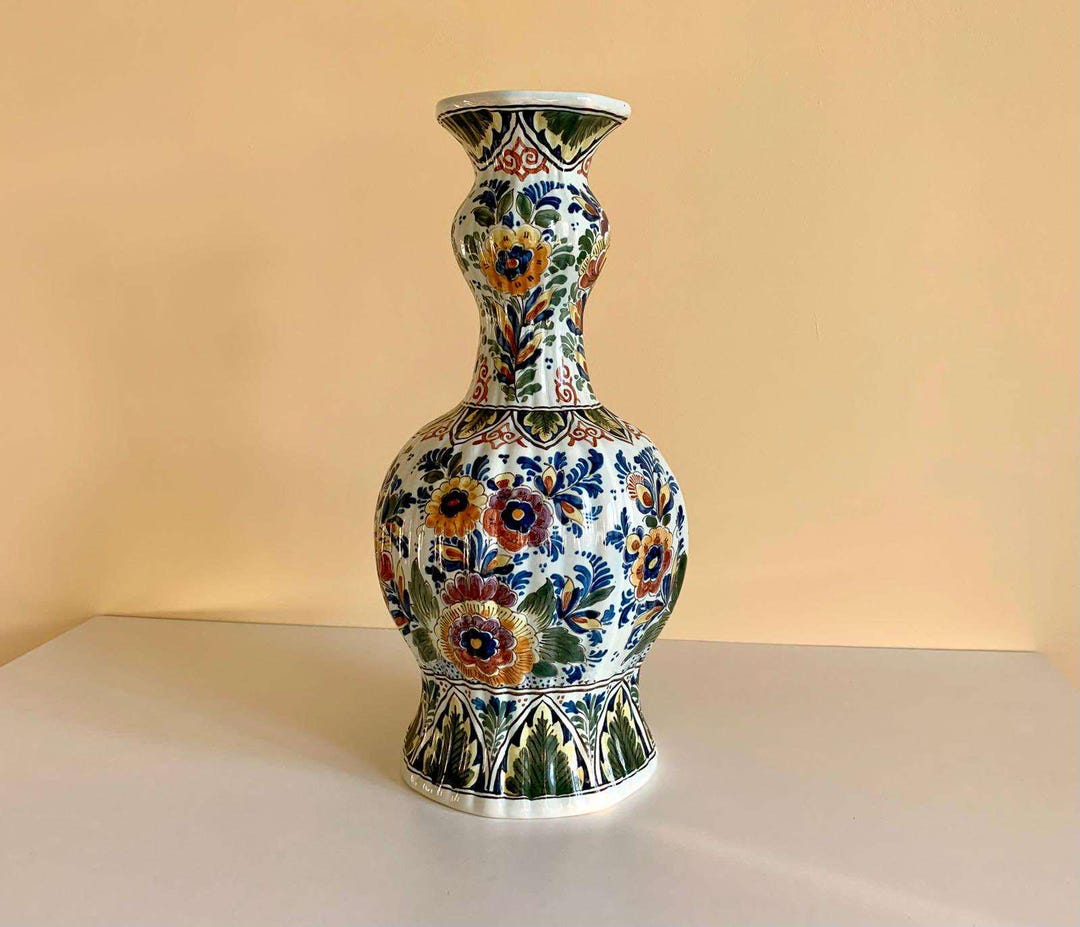 Vintage Delft Polychrome Hand Painted Vase, Multicolor Floral Pattern ...