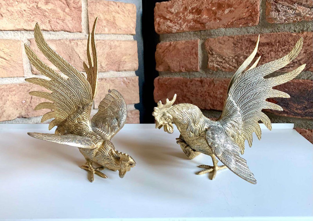 Vintage Brass Fighting Rooster Set, Collectible Bird, Gold Brass ...