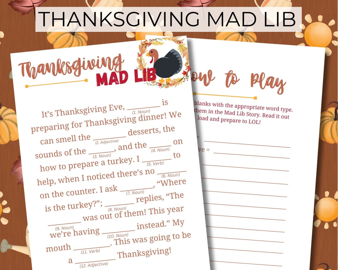 Thanksgiving Mad Lib, Class Activity, Turkey Game, Family Fun, Dinner ...