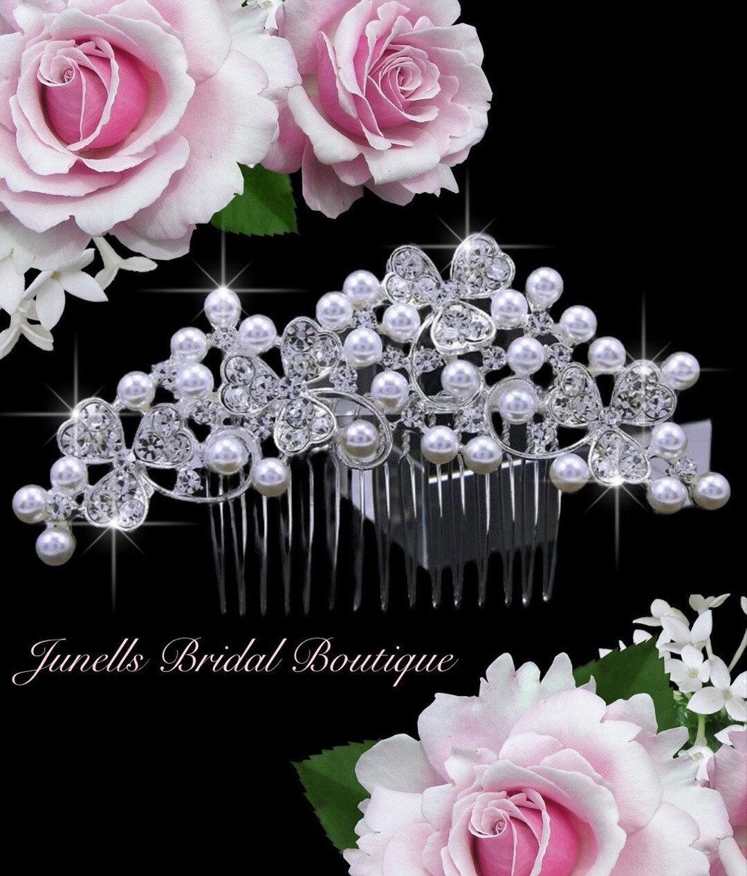 Brides Pearl and Diamond Hair Clip Comb GIFT INCLUDED Silver Leaf Faux ...