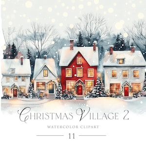 Christmas Village Clipart, Christmas Houses Watercolor, Santa Village ...