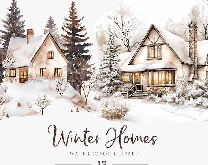 15 Christmas House Clipart Set Snowy Holiday Homes With Lights, Winter ...