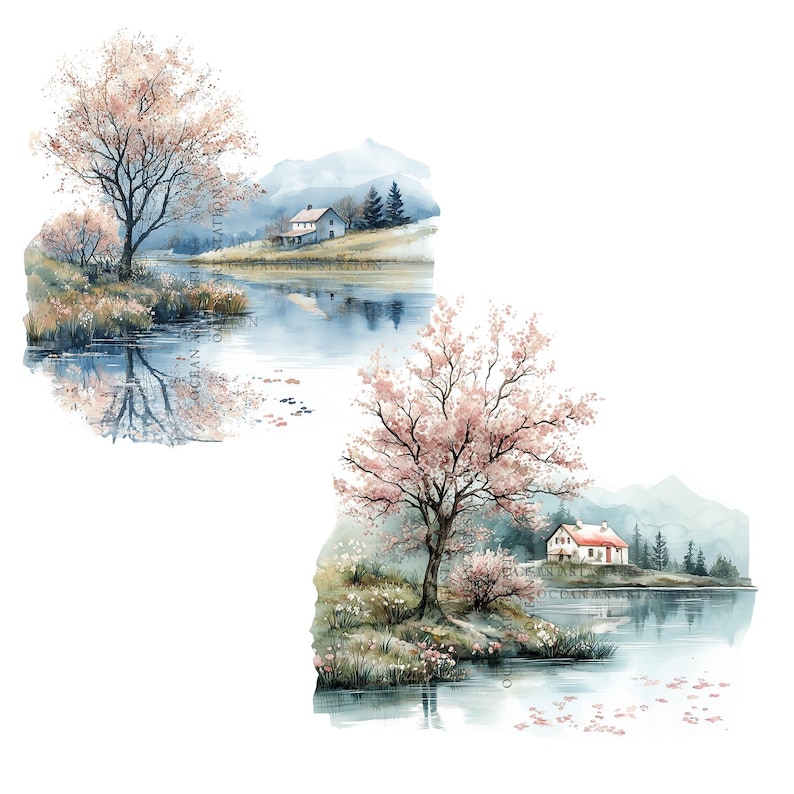 Spring Lake Clipart Watercolor, Spring Landscape Png, Spring Forest ...