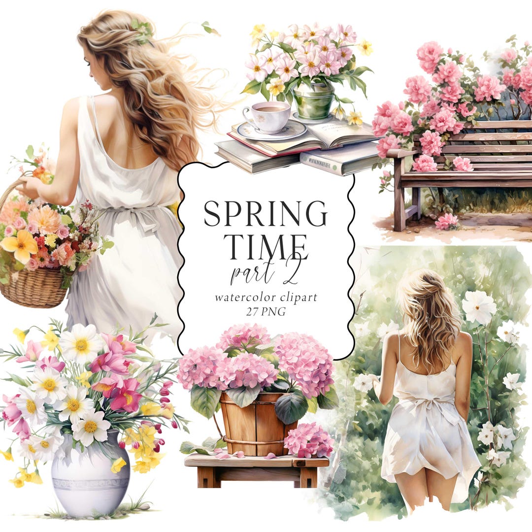 Spring Clipart Watercolor, Spring Girls Clipart, Spring Bouquets ...